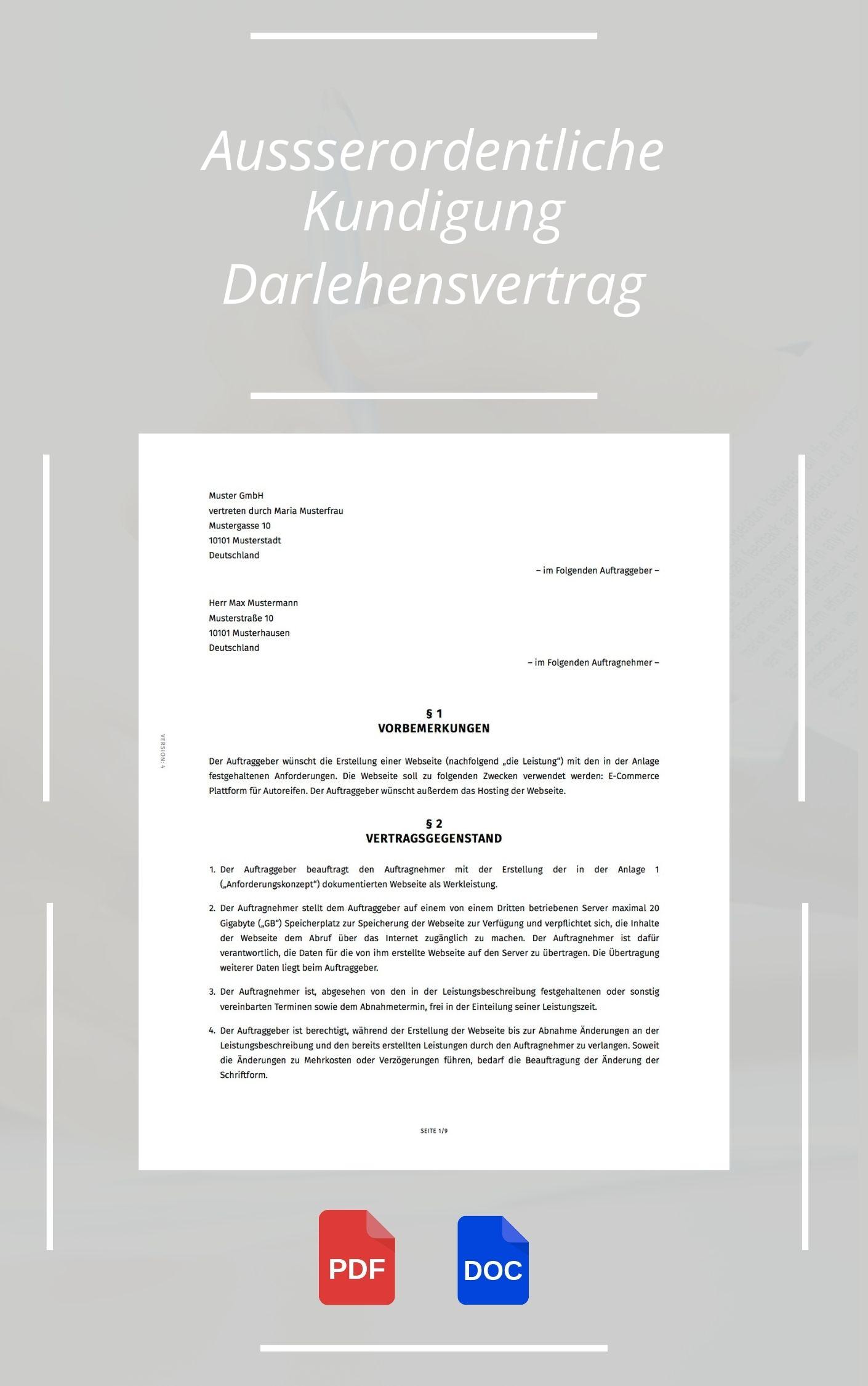 Außerordentliche Kündigung Darlehensvertrag - Vorlage Muster