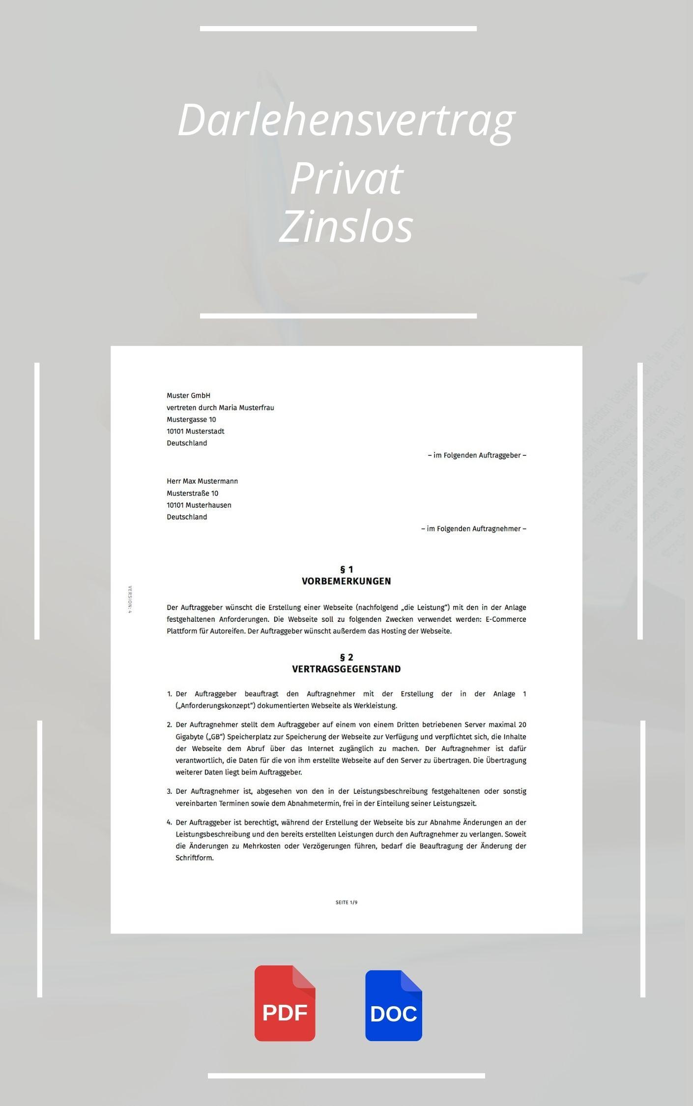 Darlehensvertrag Privat Zinslos - Vorlage Muster