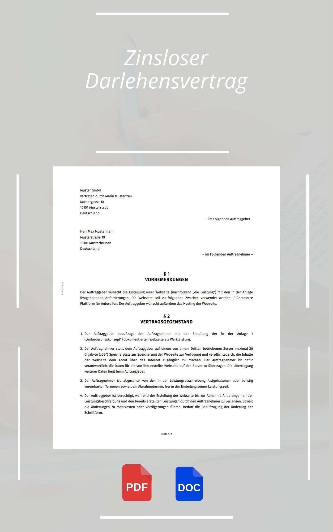 Zinsloser Darlehensvertrag - Vorlage Muster